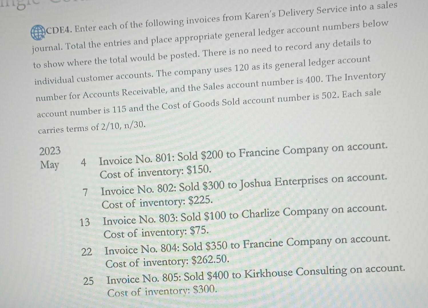 Solved (4)CDE4. Enter each of the following invoices from | Chegg.com