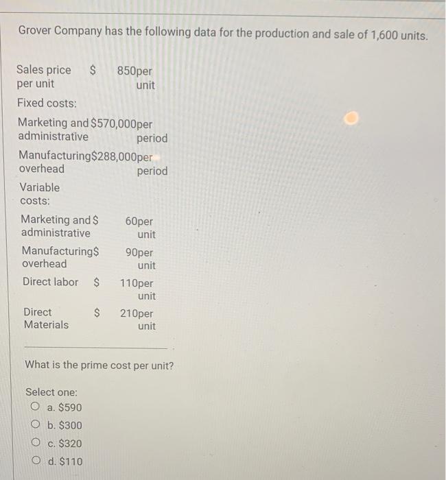 Solved Grover Company has the following data for the | Chegg.com