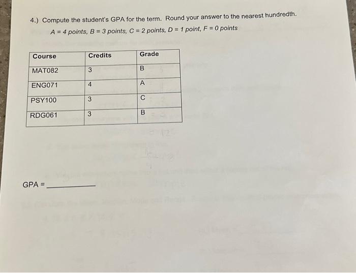Solved 4.) Compute the student's GPA for the term. Round | Chegg.com