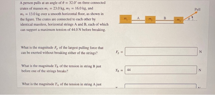 Solved Pull A person pulls at an angle of 8 = 32.0' on three | Chegg.com