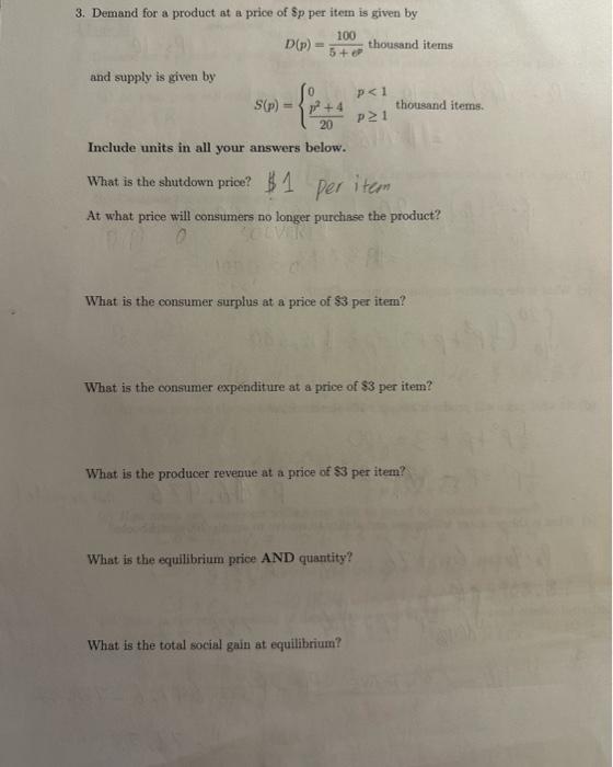 Solved 3. Demand for a product at a price of $p per item is | Chegg.com