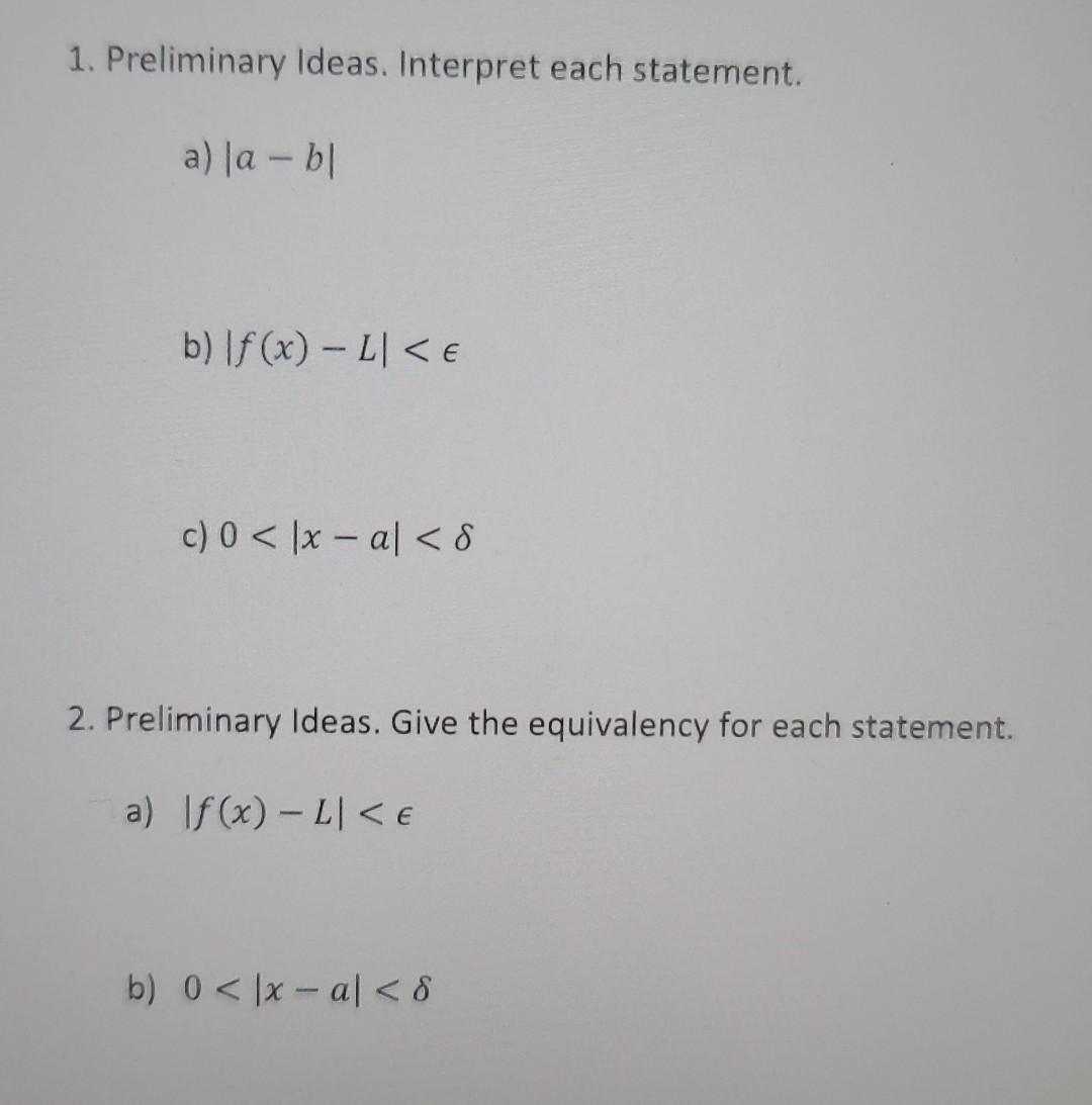 Solved 1. Preliminary Ideas. Interpret each statement. a) | Chegg.com