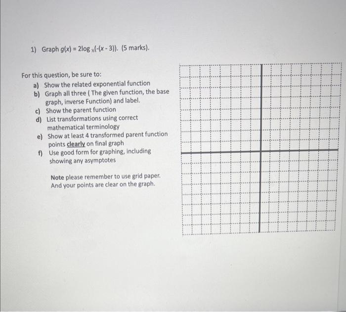 Solved 1) Graph g(x)=2logx(−(x−3)). (5 marks). For this | Chegg.com
