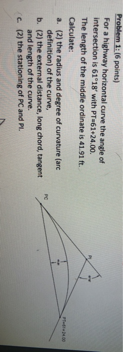 Solved Problem 1: (6 points) For a highway horizontal curve | Chegg.com