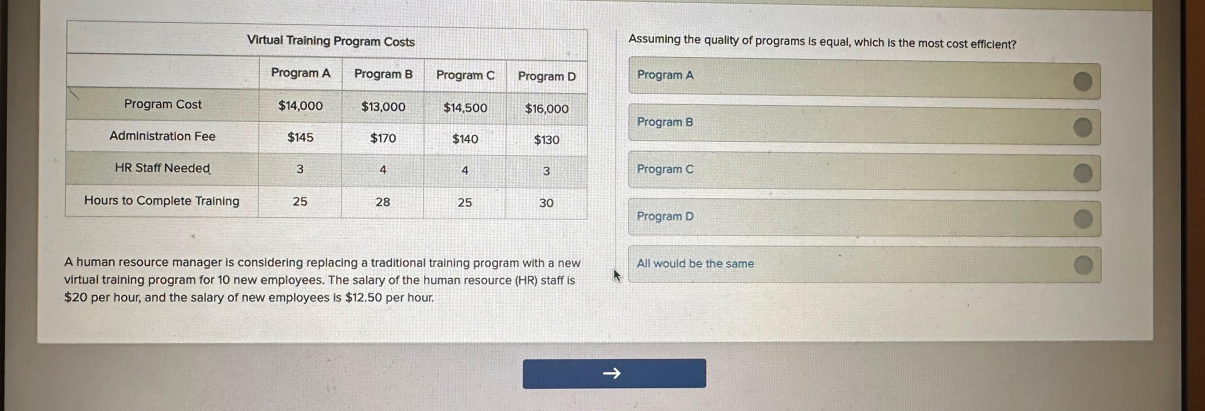 Solved \table[[Virtual Training Program Costs],[,Program | Chegg.com
