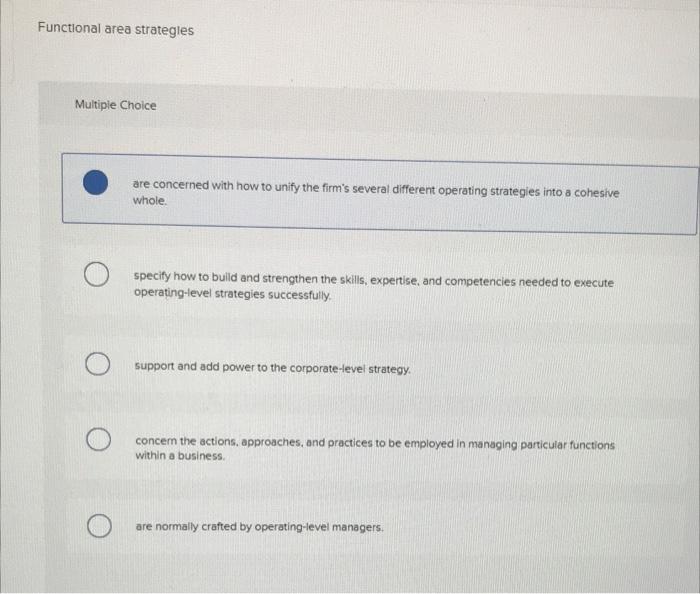 Solved Functional area strategies Multiple Choice are | Chegg.com