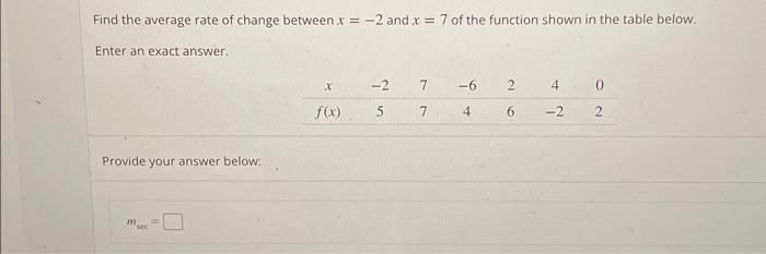 Solved Find the average rate of change between x=−2 and x=7 | Chegg.com