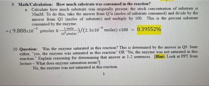 Solved 9. Math/Calculation: How much substrate was consumed | Chegg.com
