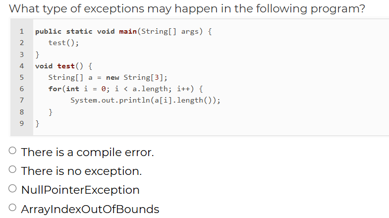 Solved What type of exceptions may happen in the following | Chegg.com