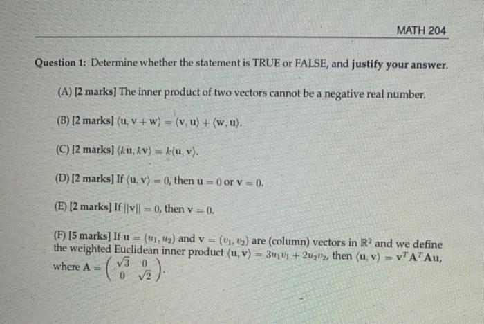 Solved MATH 204 Question 1: Determine whether the statement | Chegg.com