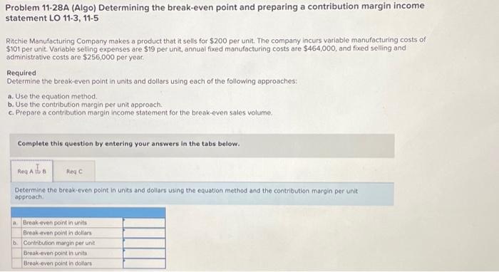 Solved Problem 11-28A (Algo) Determining the break-even | Chegg.com