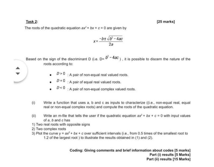 Solved [25 marks] Task 2: The roots of the quadratic | Chegg.com