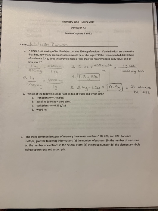 Solved Chemistry 1052 - Spring 2019 Discussion 2 Review | Chegg.com
