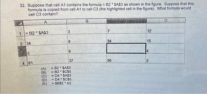 Solved 32. Suppose that cell A1 contains the formula = B2 * | Chegg.com