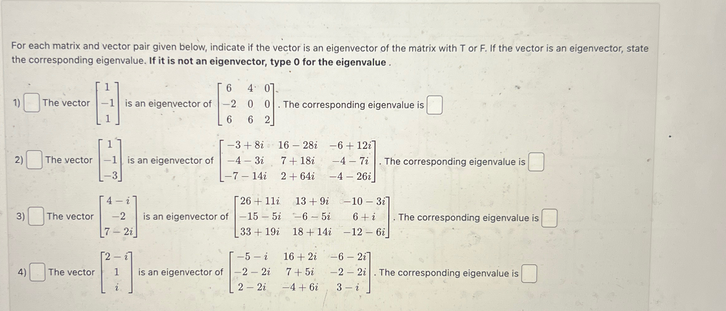 Solved For each matrix and vector pair given below, indicate | Chegg.com