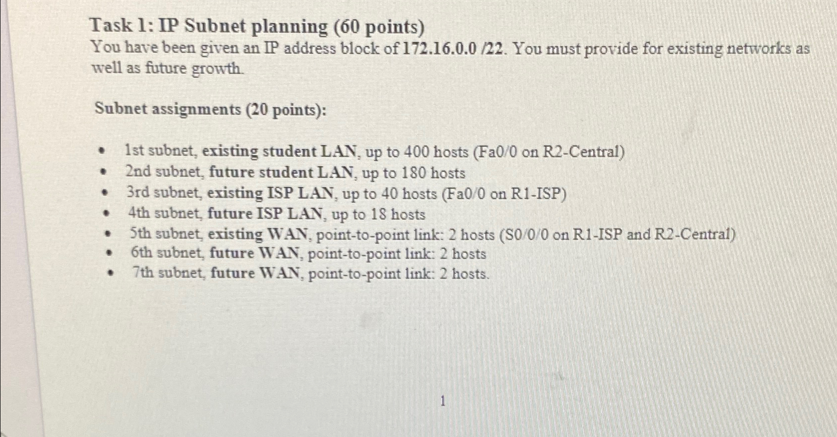 Solved Task 1: IP Subnet planning ( 60 ﻿points) ﻿You have | Chegg.com