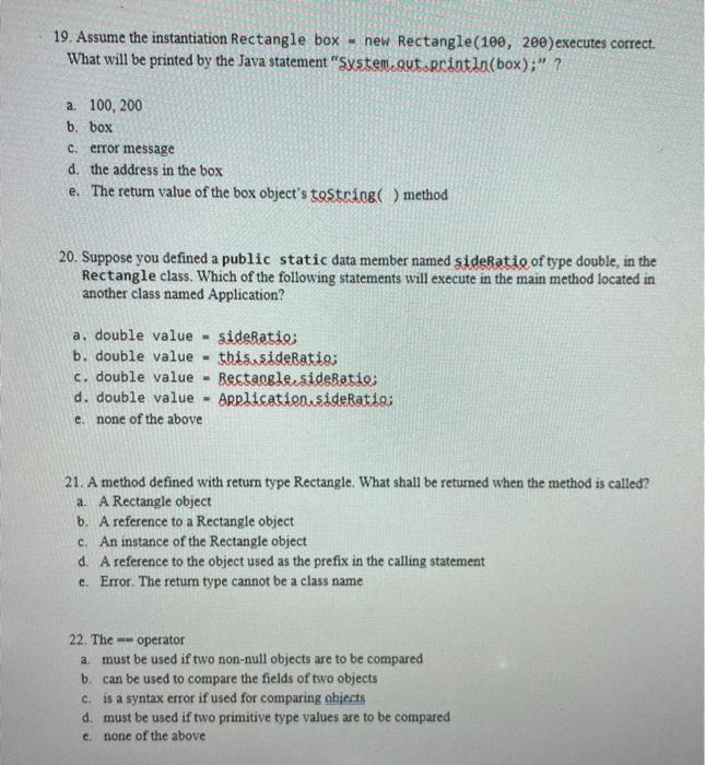 Solved 19. Assume the instantiation Rectangle box = new | Chegg.com