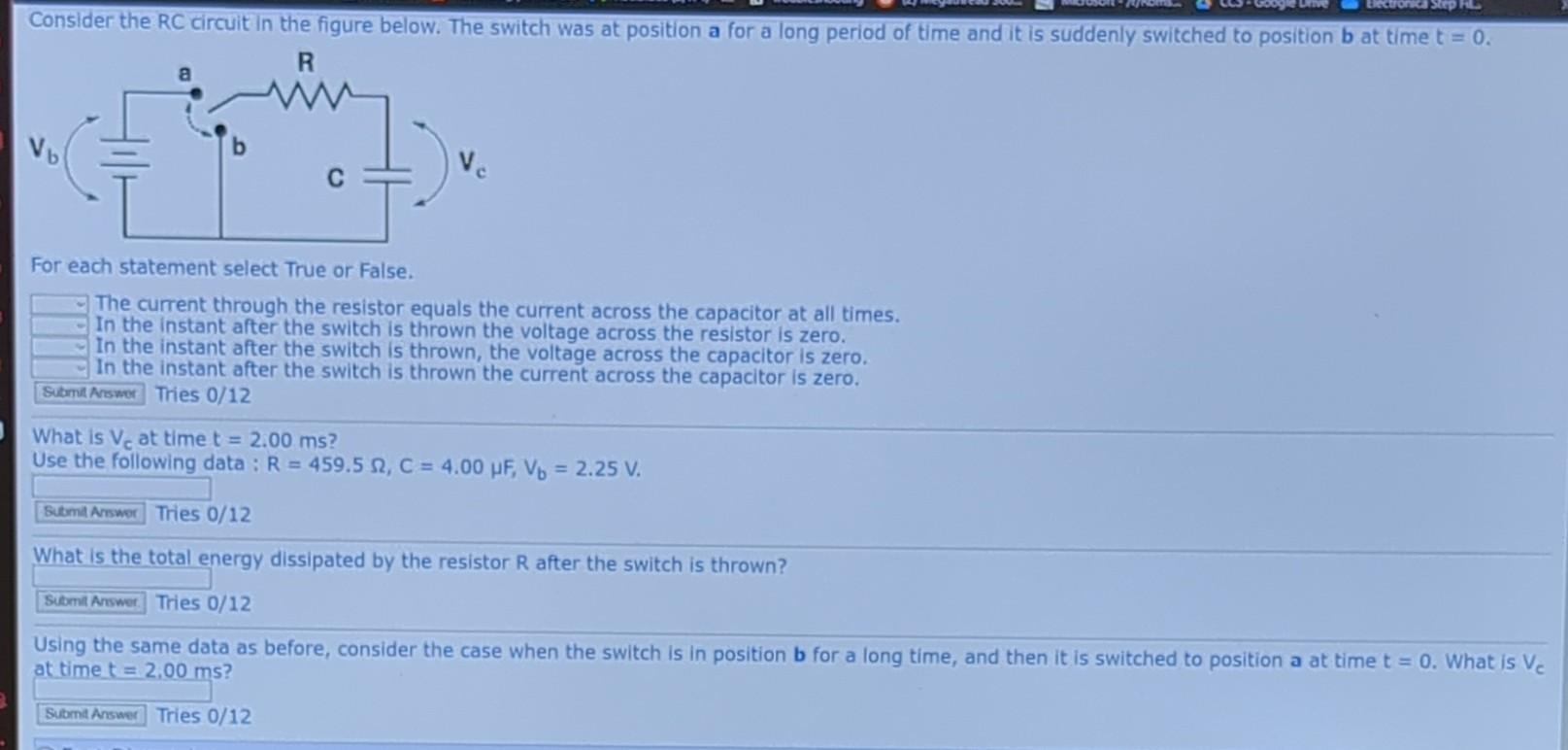 Solved Consider the RC circuit in the figure below. The | Chegg.com