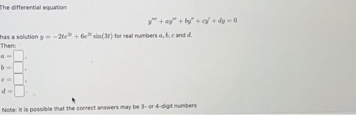 Solved The differential equation y′′′+ay′′′+by′′+cy′+dy=0 | Chegg.com