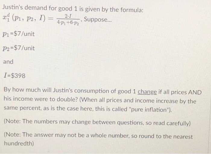 Solved Justin's demand for good 1 is given by the formula: | Chegg.com