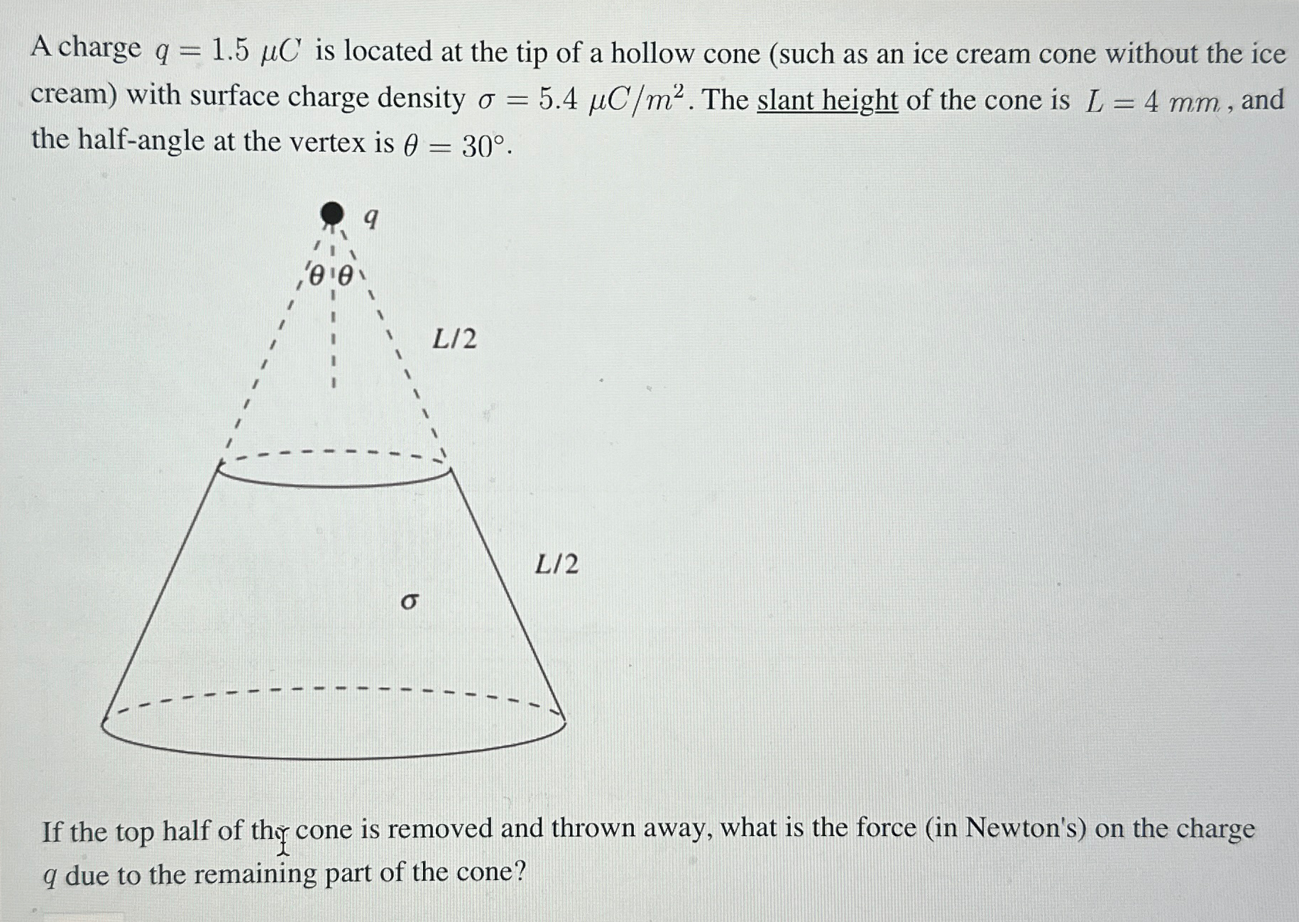 Solved A charge q=1.5μC' ﻿is located at the tip of a hollow | Chegg.com