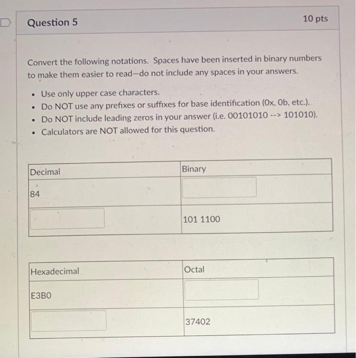 Solved Question 5 10 pts Convert the following notations. | Chegg.com