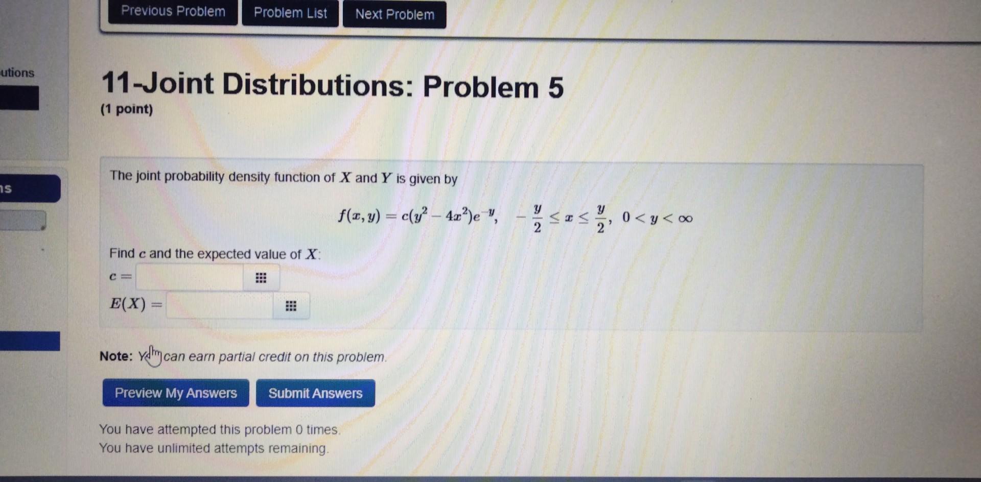 Solved 11-Joint Distributions: Problem 5 (1 point) The joint | Chegg.com
