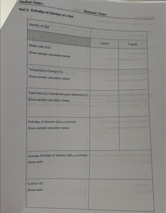 Enthalpy of SolıtionSrudent Name; Instructor Names | Chegg.com