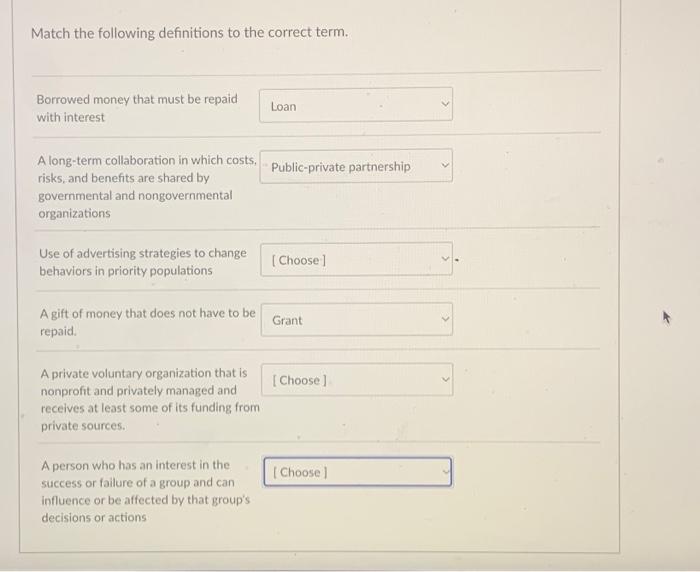 Match the following definitions to the correct term. | Chegg.com