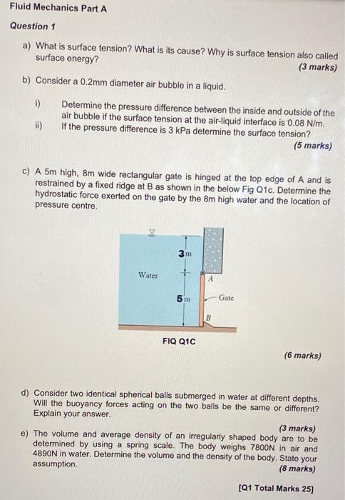 Solved Fluid Mechanics Part A Question 1 a) What is surface | Chegg.com