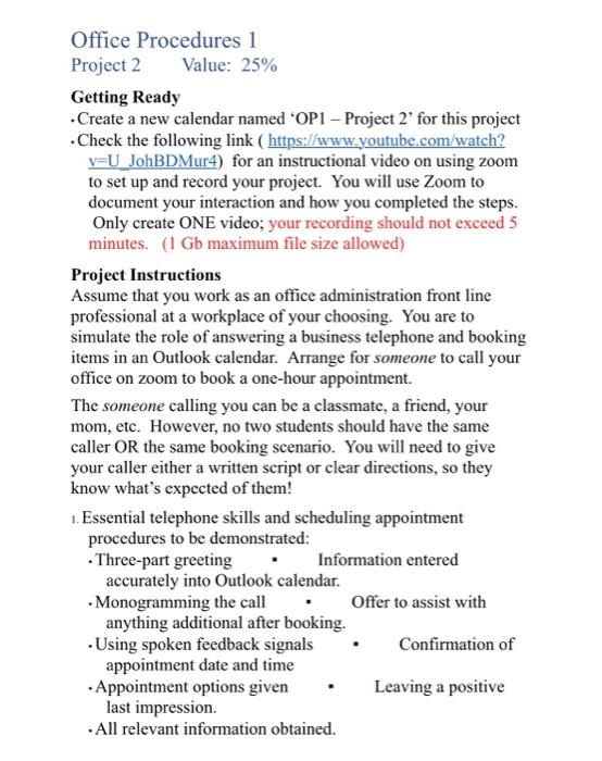 Office Procedures 1 Project 2 Value: 25% Getting | Chegg.com