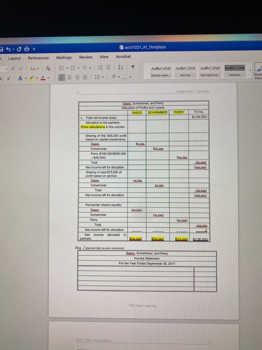 Solved Excel Spreadsheet Template Computing partners' shares | Chegg.com