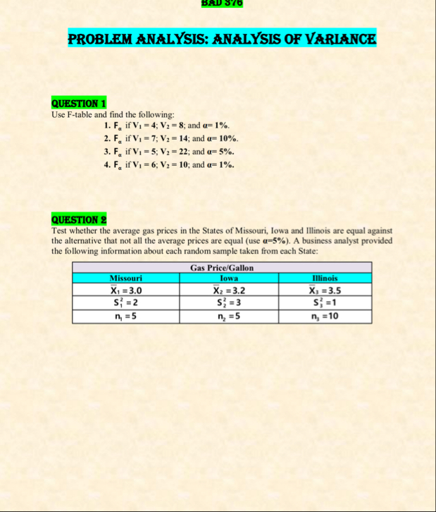Solved PROBLEM ANALYSIS: ANALYSIS OF VARIANCEQUESTION 1Use | Chegg.com