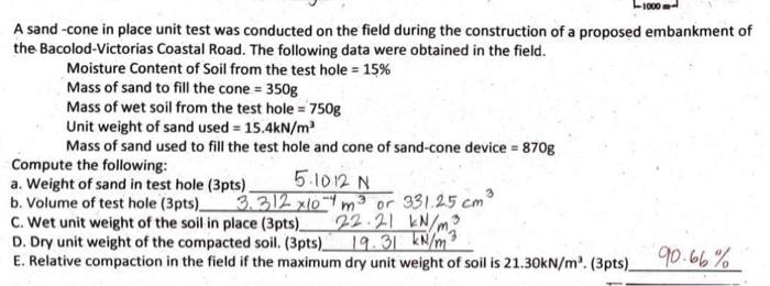 Solved A sand-cone in place unit test was conducted on the | Chegg.com