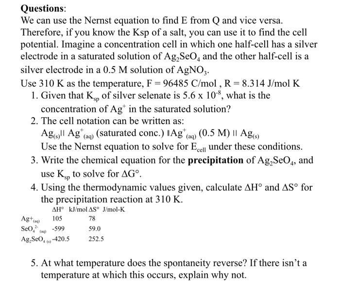 Solved Questions: We can use the Nernst equation to find E | Chegg.com
