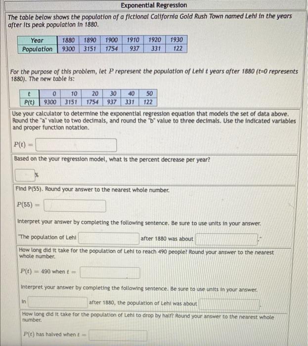 Solved Exponential Regression The table below shows the | Chegg.com