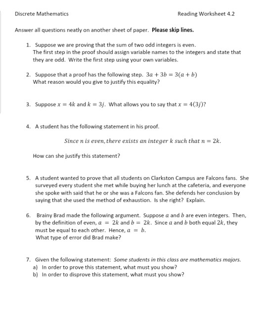 Solved Discrete Mathematics Reading Worksheet 4.2 Answer all | Chegg.com