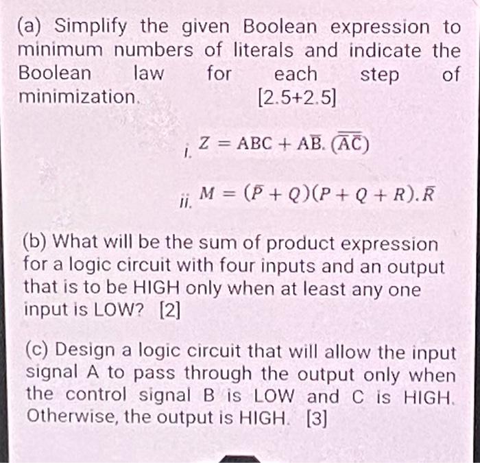 Solved A Simplify The Given Boolean Expression To Minimum 4853