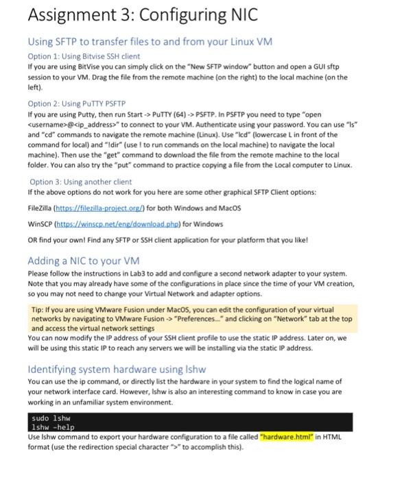 Solved Assignment 3: Configuring NIC Using SFTP to transfer | Chegg.com