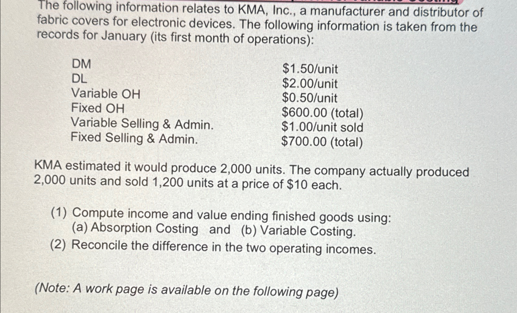 Solved The following information relates to KMA, Inc., a | Chegg.com