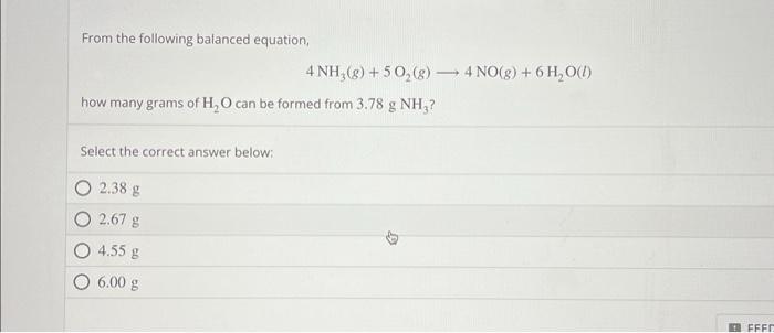Solved From the following balanced equation, 4NH3( g)+5O2( | Chegg.com