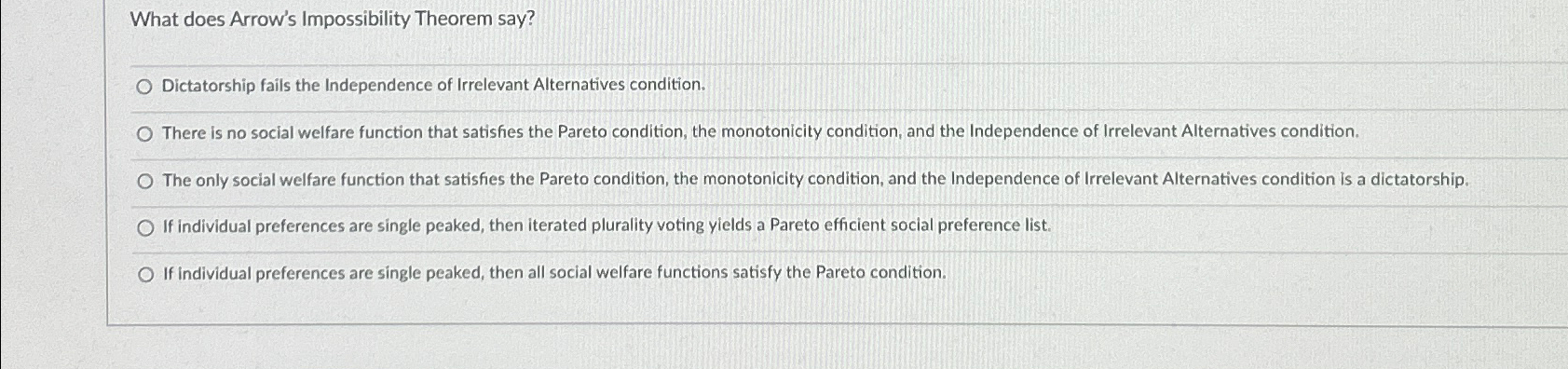 Solved What does Arrow's Impossibility Theorem | Chegg.com