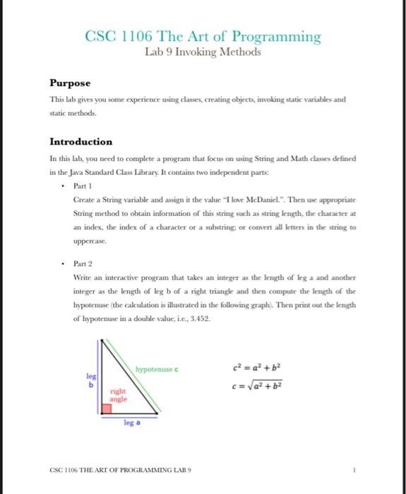 Solved CSC 1106 The Art of Programming Lab 9 Invoking | Chegg.com