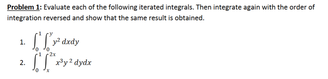 Solved Problem 1: Evaluate each of the following iterated | Chegg.com