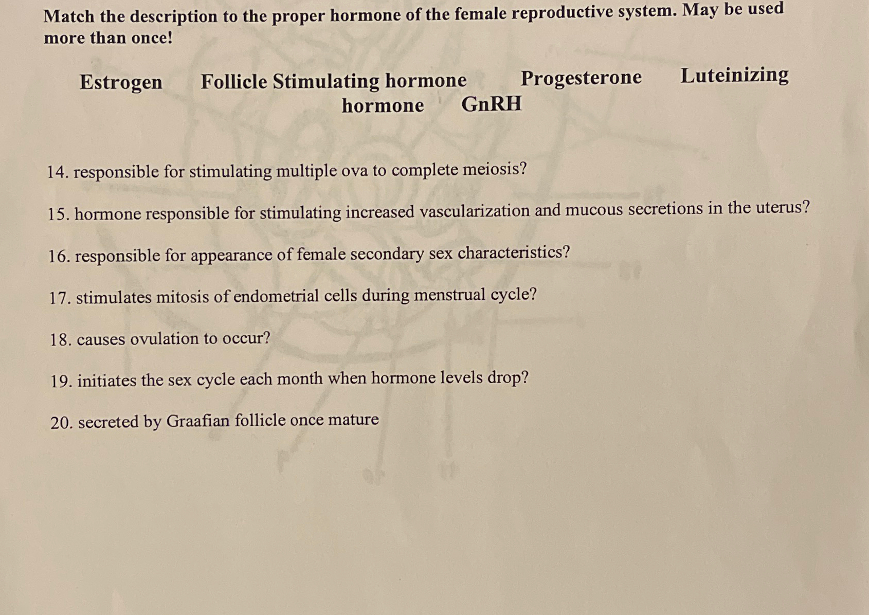 Solved Match the description to the proper hormone of the | Chegg.com