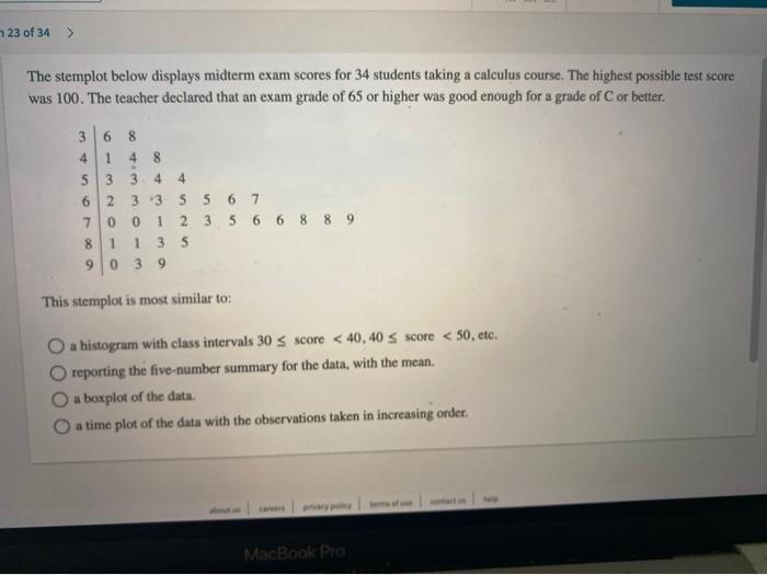 Solved 23 of 34 > The stemplot below displays midterm exam | Chegg.com