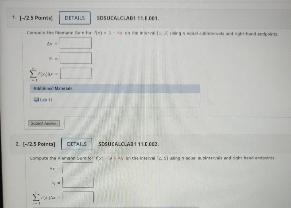 Solved 1. [-/2.5 Points) DETAILS SDSUCALCLAB1 11.1.001 | Chegg.com