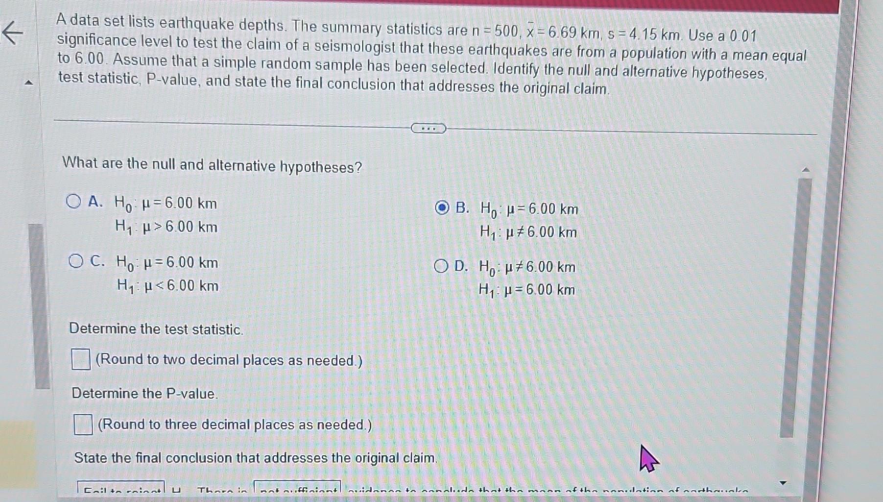 Solved A data set lists earthquake depths. The summary | Chegg.com