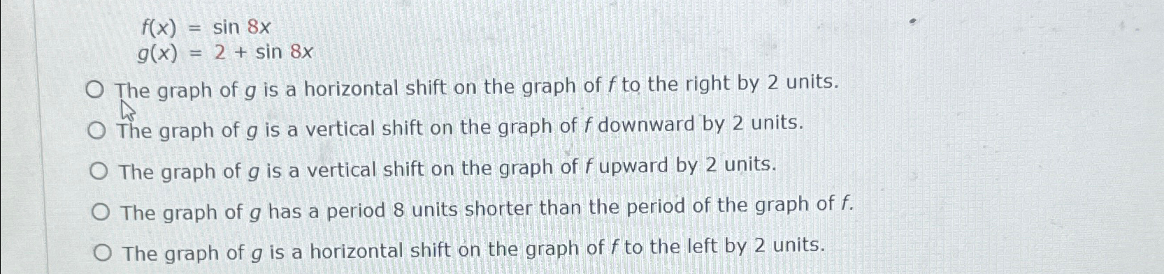 Solved f(x)=sin8xg(x)=2+sin8xThe graph of g ﻿is a horizontal | Chegg.com
