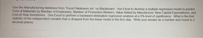 Solved Use the Manufacturing database from "Excel Databases | Chegg.com